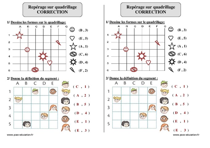 Repérage sur quadrillage – Ce2 – Exercices corrigés – Géométrie - Pass ...