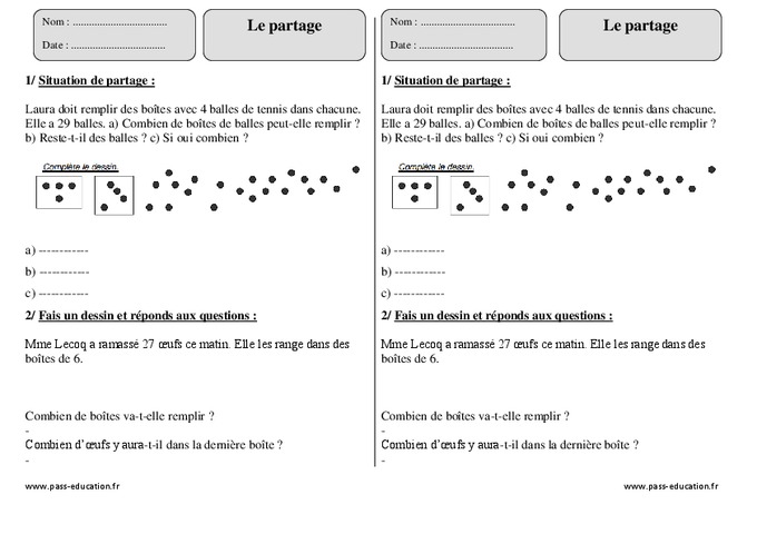 Partage – Ce2 – Exercices corrigés – Calcul - Pass Education
