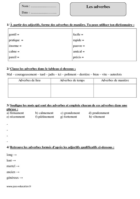 Adverbes – Cm1 – Exercices avec correction - Pass Education