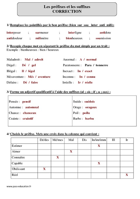 Préfixes - Suffixes – Cm1 – Exercices corrigés – Vocabulaire – Cycle 3 ...