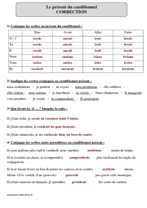 Présent du conditionnel – Cm1 – Exercices corrigés – Conjugaison ...