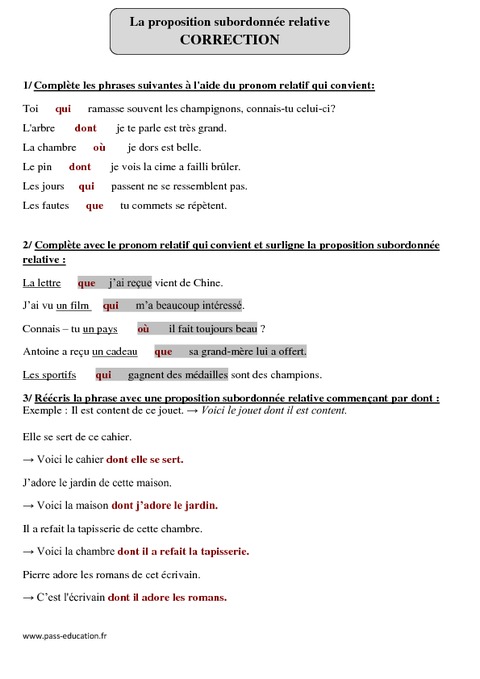 Proposition subordonnée relative – Cm1 – Exercices - Pass Education