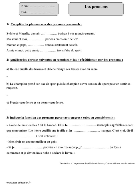 Pronoms – Cm1 – Exercices corrigés - Pass Education