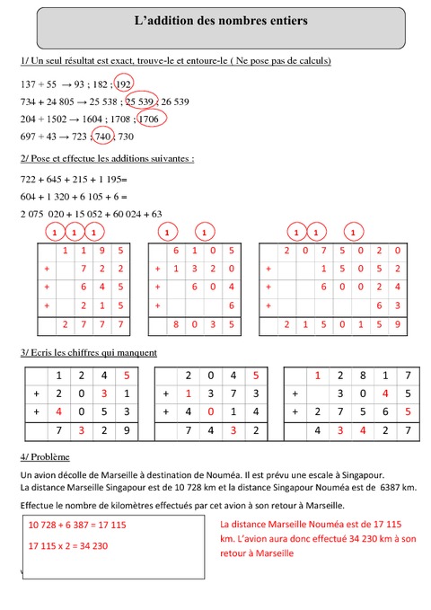 Addition des nombres entiers – Cm2– Exercices corrigés – Calcul ...