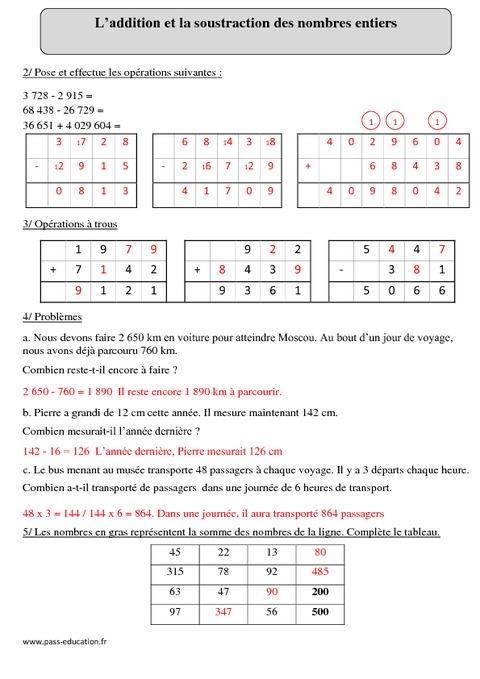 Addition et soustraction des nombres entiers - Cm2 – Exercices corrigés ...