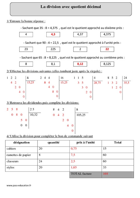 Division avec quotient décimal - Cm2 – Exercices corrigés – Calcul ...