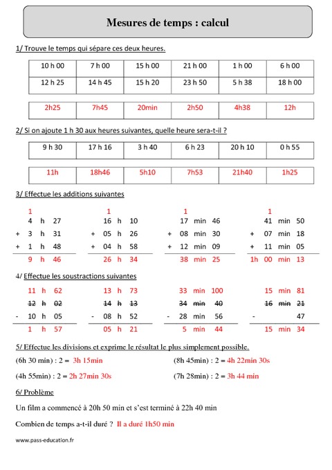 Mesures de temps - Calcul – Cm2 – Exercices corrigés – Mesures et ...