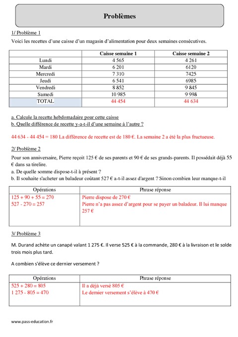 Problèmes additifs et soustractifs – Cm2 – Exercices corrigés – Calcul ...