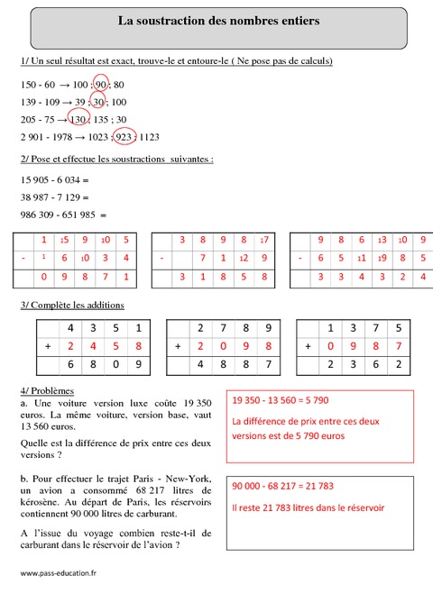 Soustraction des nombres entiers – Cm2 – Exercices corrigés – Calcul ...