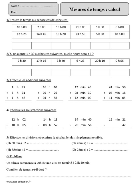 Mesures de temps - Calcul – Cm2 – Exercices corrigés – Mesures et ...