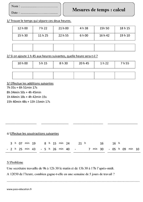 Mesures de temps - Calcul – Cm2 – Exercices corrigés – Mesures et ...