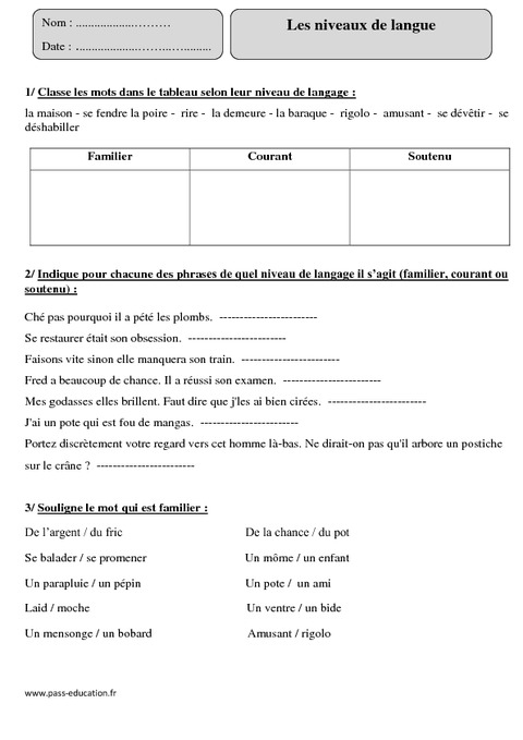 Niveau de langue – Cm1 – Exercices corrigés – Vocabulaire – Cycle 3 ...