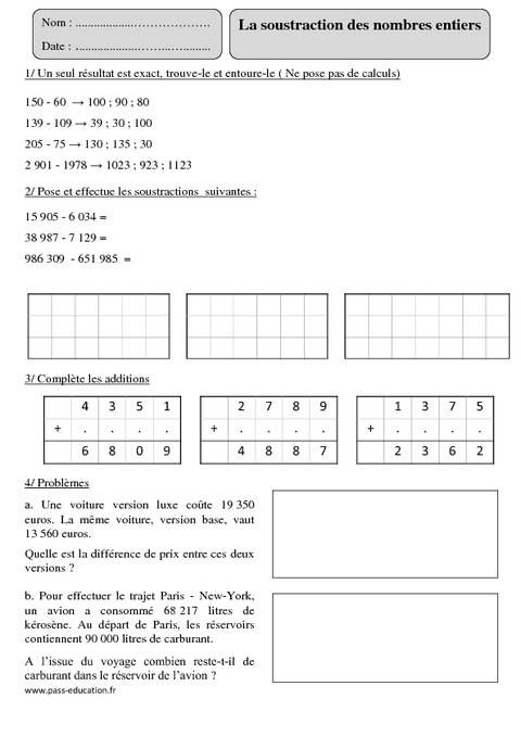 Soustraction des nombres entiers – Cm2 – Exercices corrigés – Calcul ...