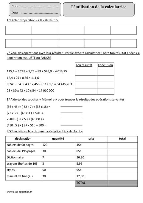 Utilisation de la calculatrice - Cm2 – Exercices corrigés – Calcul ...