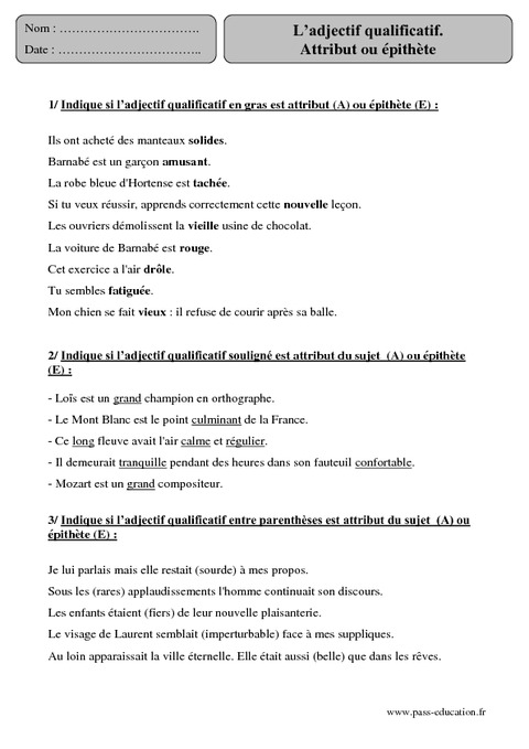 Adjectif qualificatif - Attribut ou épithète - Cm2 – Exercices corrigés ...