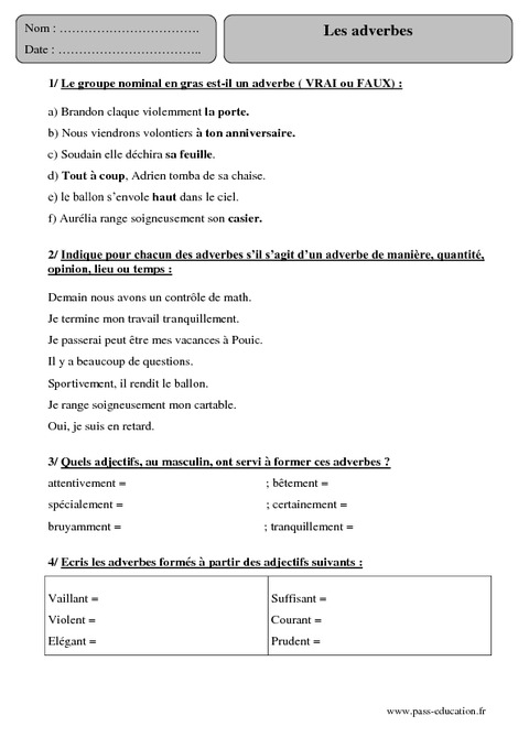 Adverbes - Cm2 - Exercices corrigés - Grammaire - Cycle 3 - Pass Education
