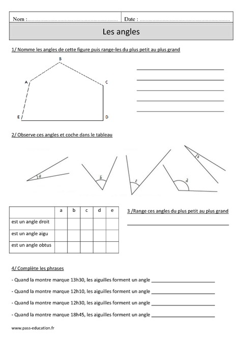 Angles – Cm1 – Exercices corrigés – Géométrie – Mathématiques – Cycle 3 ...