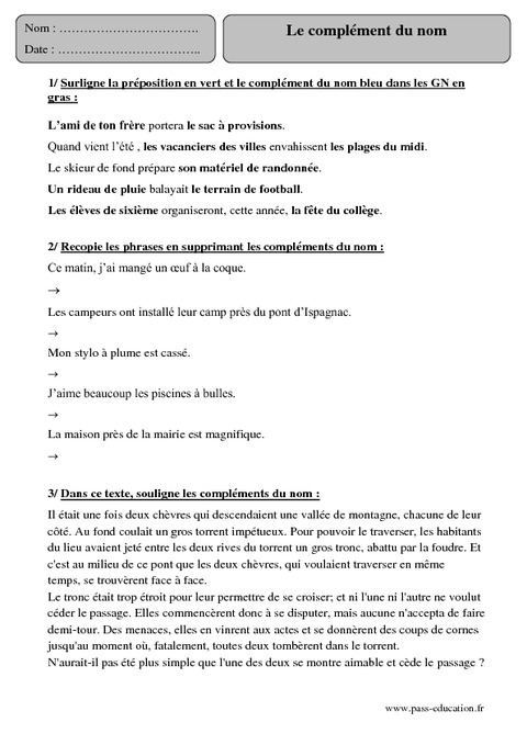 Complément du nom - Cm2 – Exercices corrigés – Grammaire – Cycle 3 ...