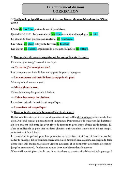 Complément du nom - Cm2 – Exercices corrigés – Grammaire – Cycle 3 ...