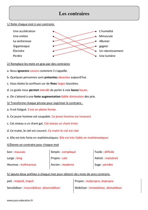 Contraires – Cm2 – Exercices corrigés – Vocabulaire – Cycle 3 - Pass ...