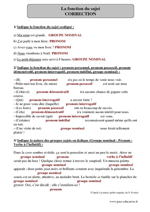 Fonction du sujet - Cm2 – Exercices corrigés – Grammaire – Cycle 3 ...