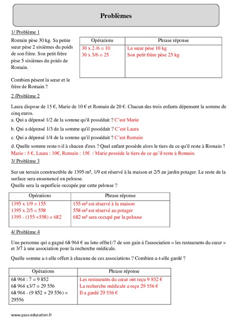 Fractions – Problèmes – Cm2 – Exercices corrigés – Calcul ...