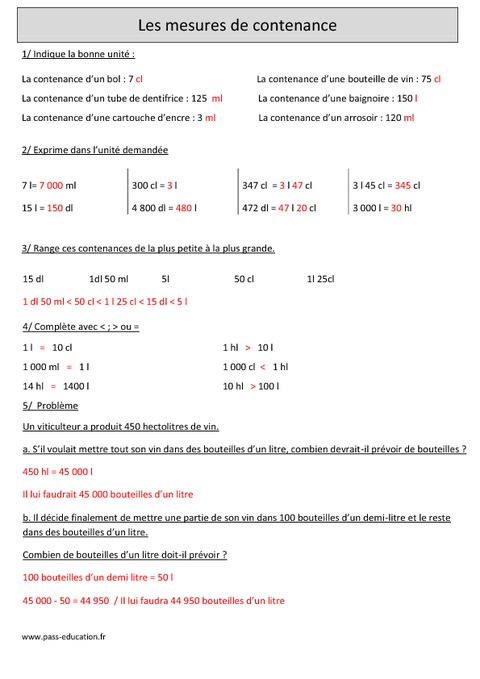 Mesures de contenance – Capacité - Cm1 – Exercices corrigés – Mesures ...