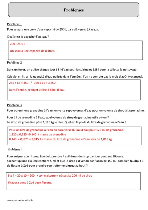 Mesures de contenance – Problèmes – Cm2 – Exercices corrigés – Mesures ...
