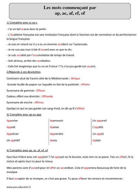 Mots commençant par ap, ac, af, ef, of – Cm2 – Exercices corrigés ...