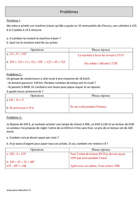 Problèmes liés aux 4 opérations – Cm1 – Exercices corrigés – Problèmes ...