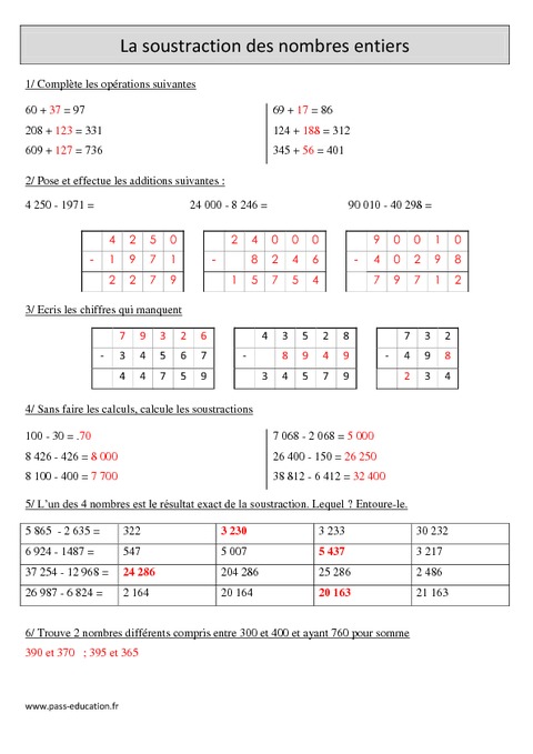 Soustraction des nombres entiers – Cm1 – Exercices corrigés – Calcul ...