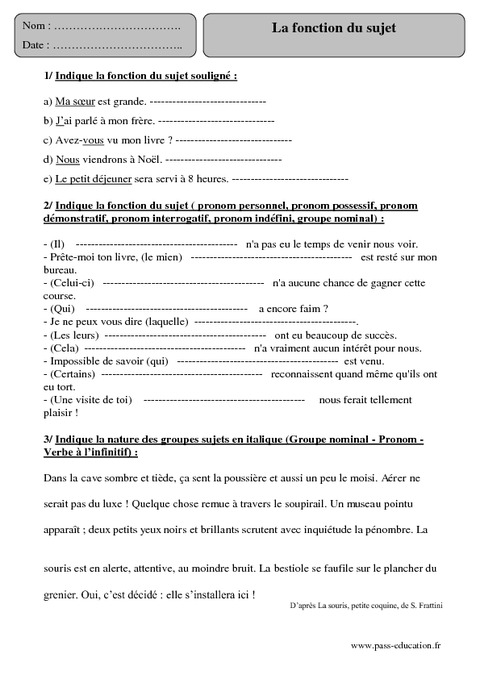 Fonction du sujet - Cm2 – Exercices corrigés – Grammaire – Cycle 3 ...