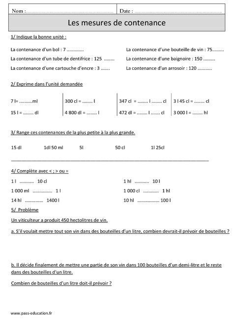 Mesures de contenance – Capacité - Cm1 – Exercices corrigés – Mesures ...
