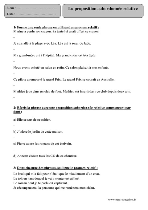Proposition subordonnée relative – Cm2 – Exercices corrigés – Grammaire ...