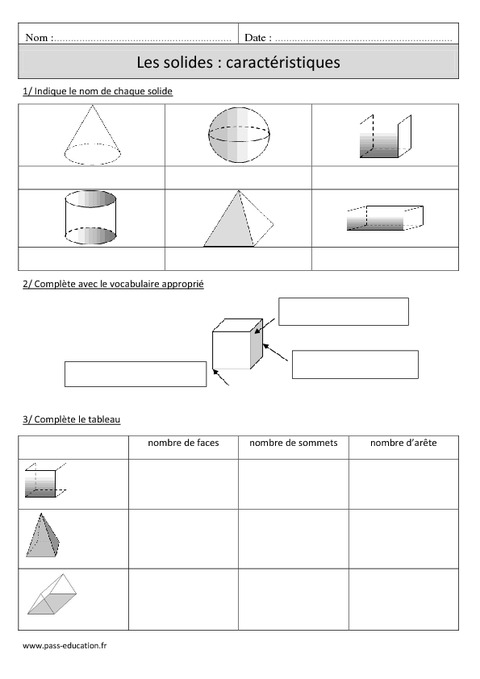 Solides: Caractéristiques – Cm1 – Exercices corrigés – Géométrie ...