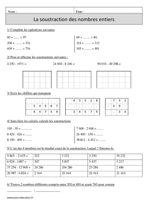 Soustraction des nombres entiers – Cm1 – Exercices corrigés – Calcul ...