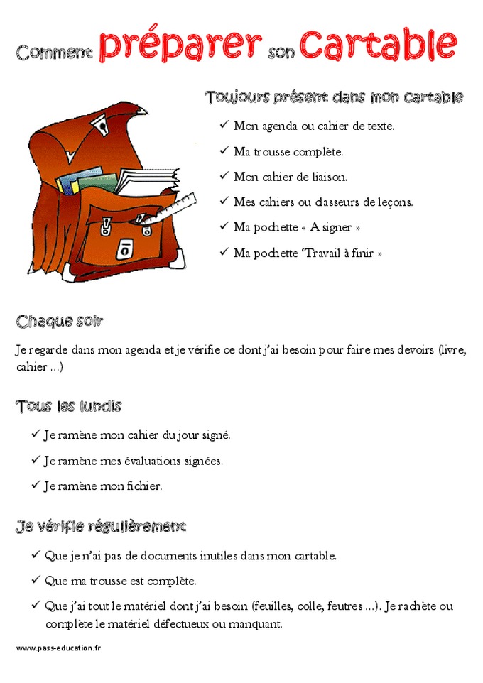 Comment préparer son cartable - Affiche - Ce2 - Cm1 - Cm2 - Outils de ...