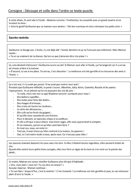 Texte puzzle - Récit - Rentrée - Ce2 - Cm1 - Cm2 - Lecture - Cycle 3 ...
