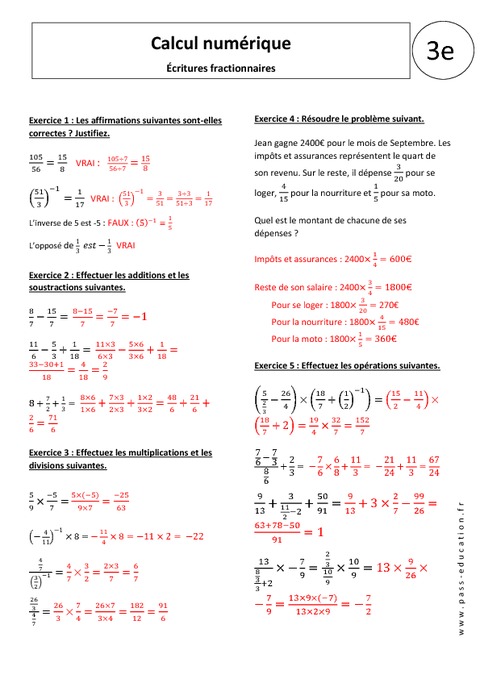 Écritures fractionnaires – Exercices corrigés – 3ème - Calcul numérique ...
