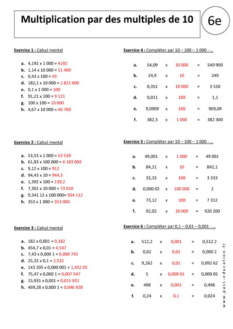 Multiplication par des multiples de 10 - 100 - 1000 ou par 0,1 - 0,01 ...