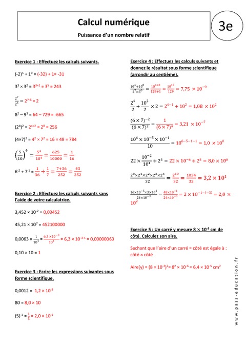 Puissance d’un nombre relatif - 3ème - Exercices corrigés - Calcul ...