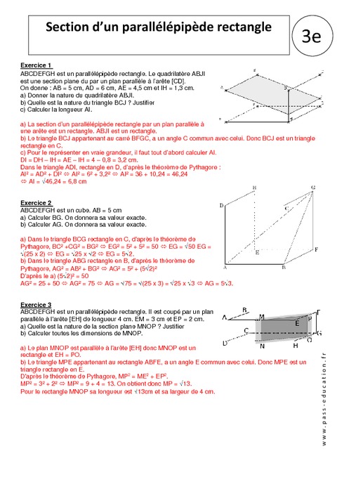 Section du parallélépipède rectangle – 3ème - Exercices corrigés ...