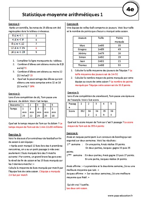 Statistiques - Moyenne arithmétique - Exercices corrigés - 4ème - Pass ...