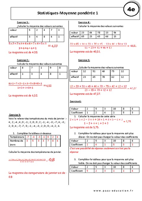 Statistiques - Moyenne pondérée - 4ème - Exercices corrigés - Pass ...
