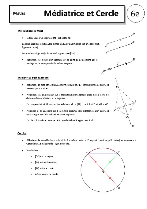 Médiatrice - Cercle - Cours - 6ème - Géométrie - Pass Education