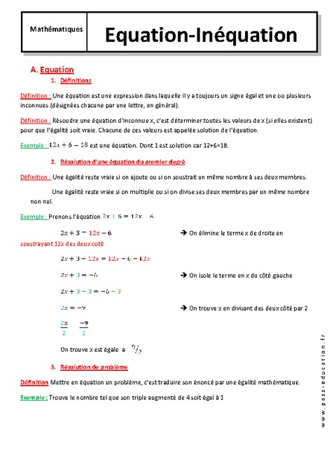 Equation - Inéquation - 4ème - Cours - Pass Education