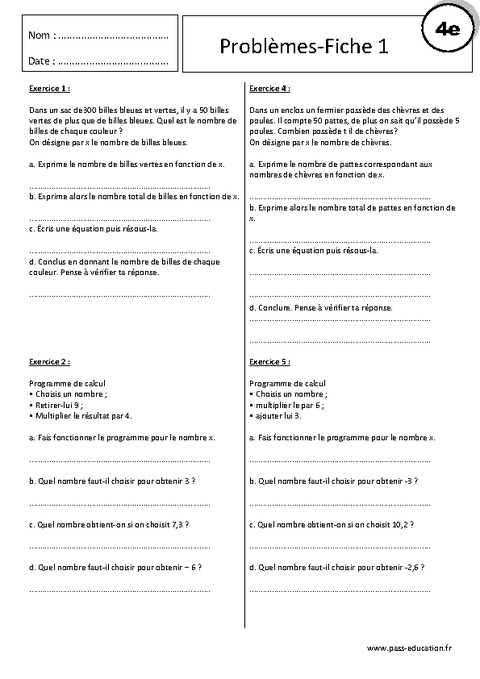 Equations – Inéquations – 4ème – Problèmes - Exercices corrigés - Pass ...