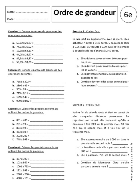Ordre de Grandeur – Multiplication – 6ème - Exercices corrigés - Pass ...