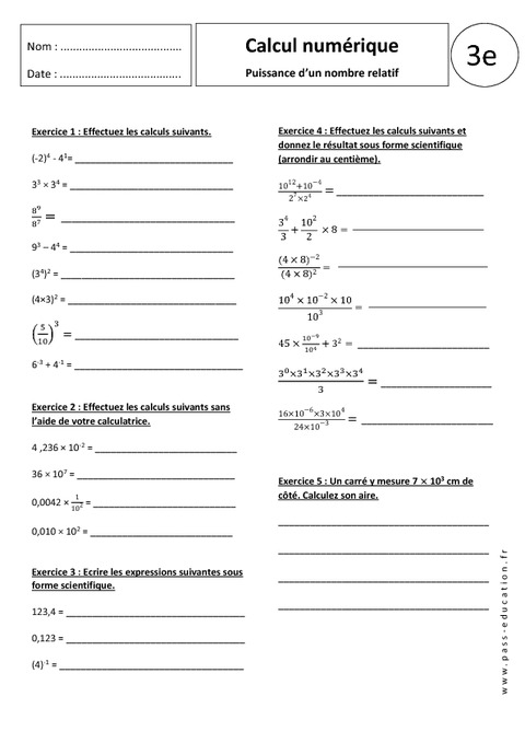 Puissance d’un nombre relatif - Exercices corrigés - 3ème - Calcul ...