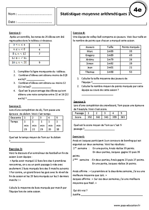 Statistiques - Moyenne arithmétique - Exercices corrigés - 4ème - Pass ...